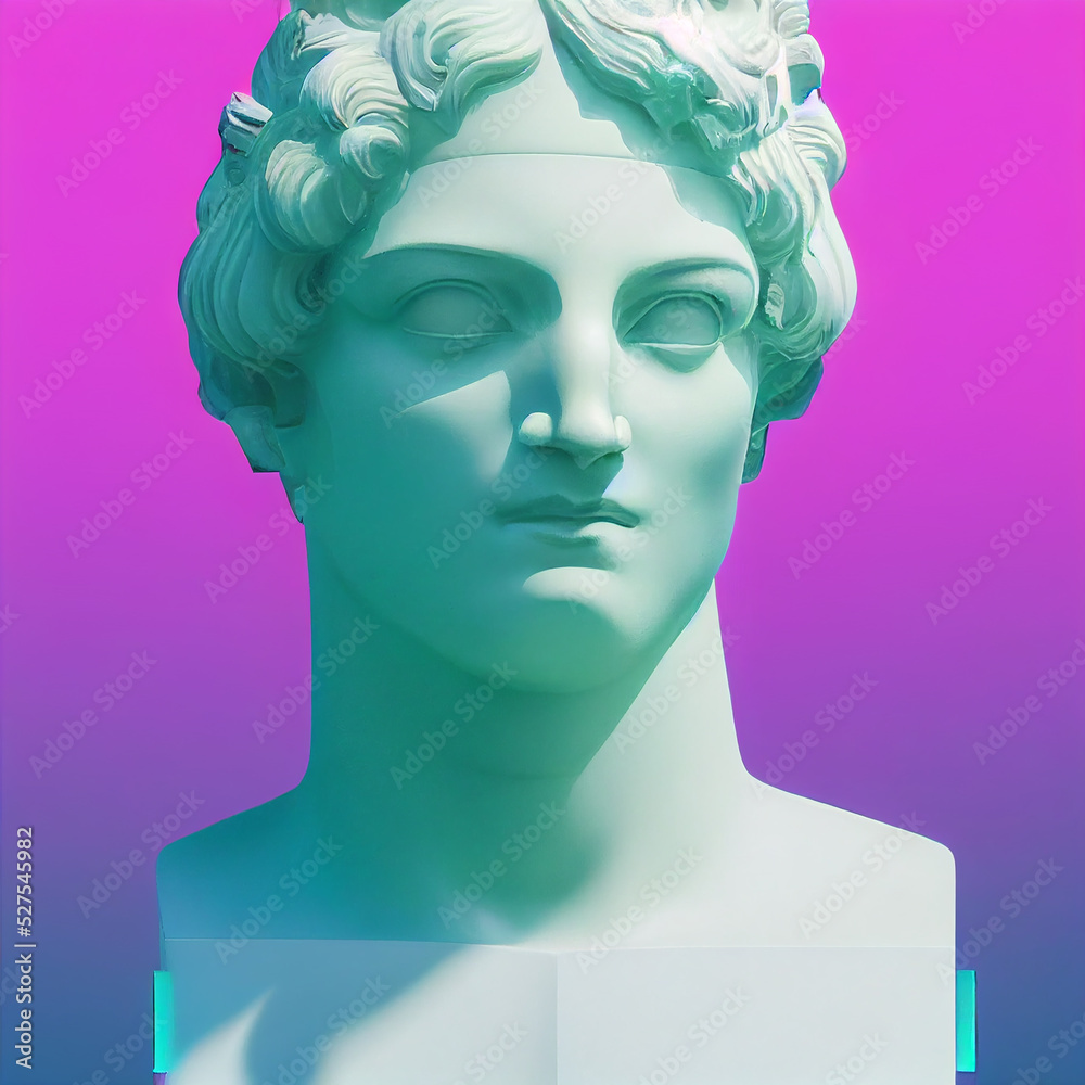 Greek god sculpture in retrowave city pop design, vaporwave style ...