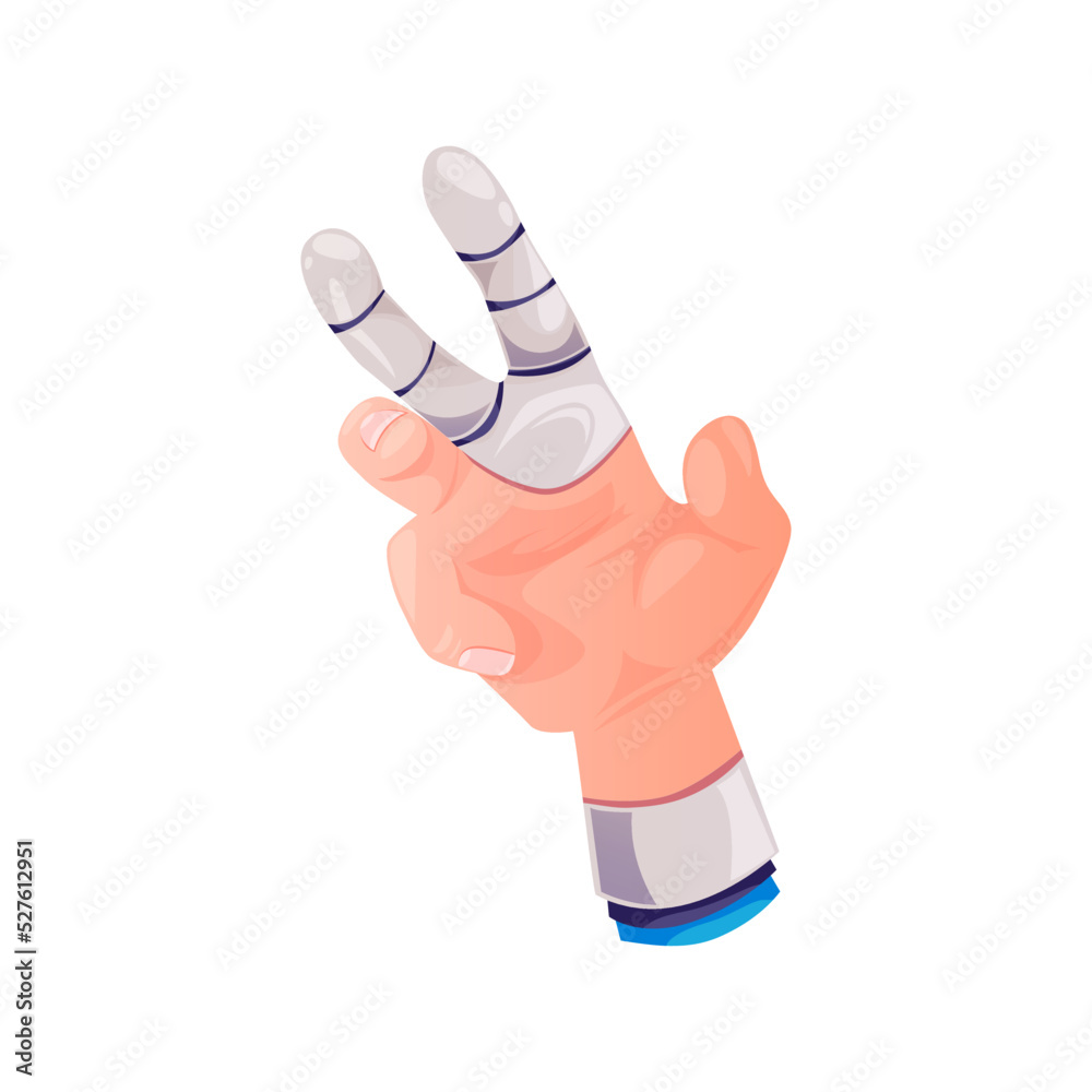 Robotic artificial hand with metal fingers showing peace sign ...