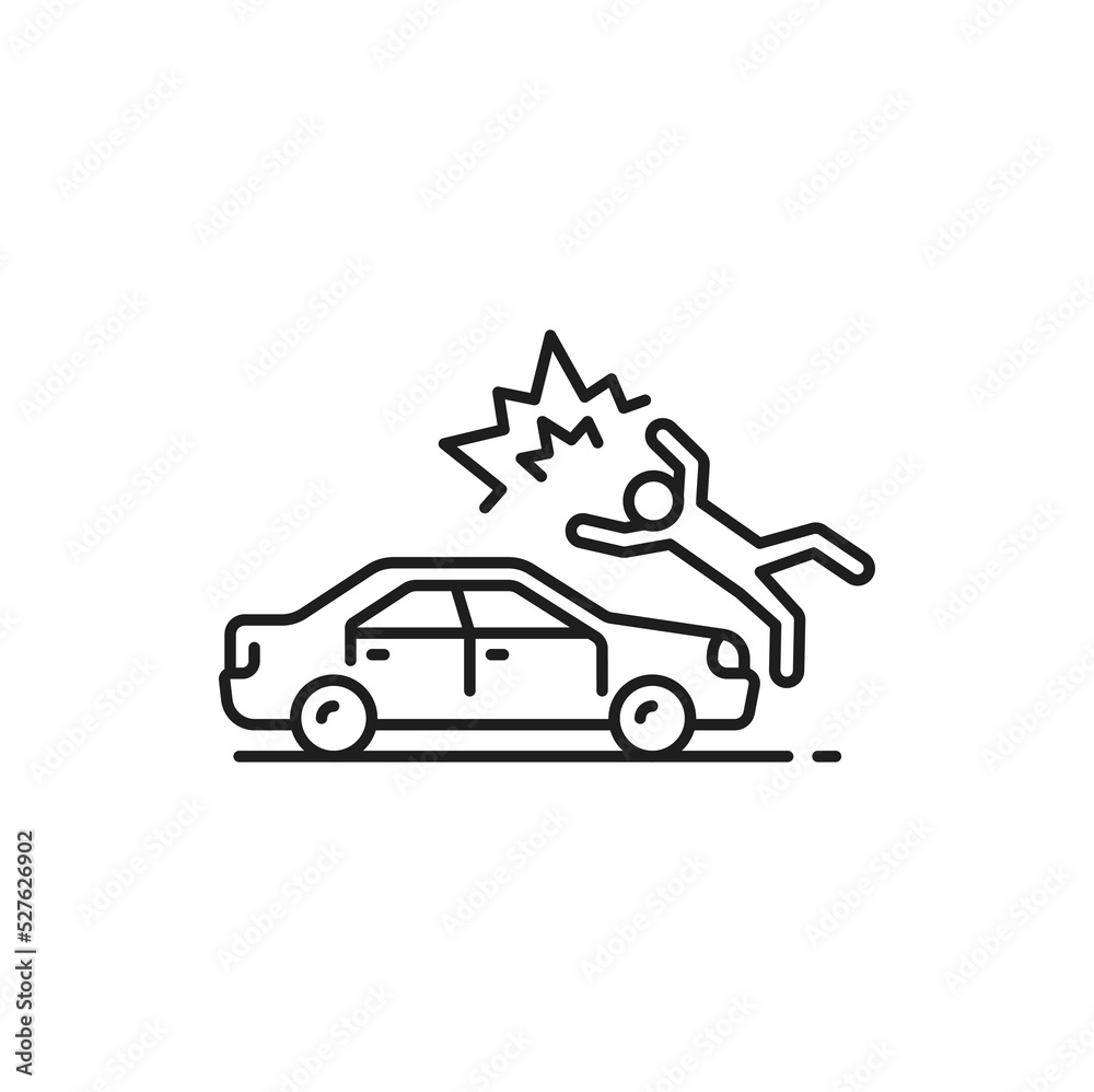 Car crash or road collision with pedestrian thin line icon. Road crash ...