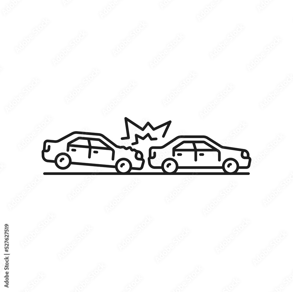 Car collision, damage or accident line icon. Vehicle road collision ...