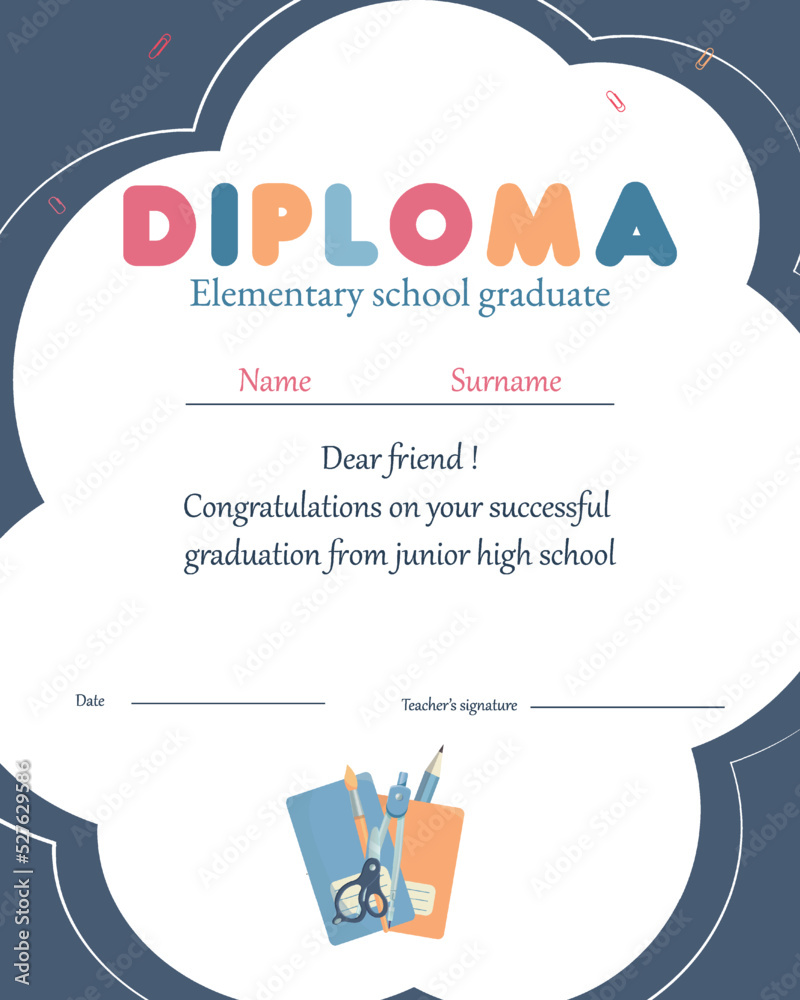 Diploma template for elementary school.Vector, ready to print. Stock ...