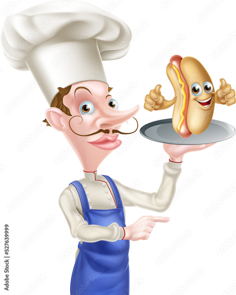 Cartoon Chef Holding Hot Dog Pointing Stock Illustration | Adobe Stock
