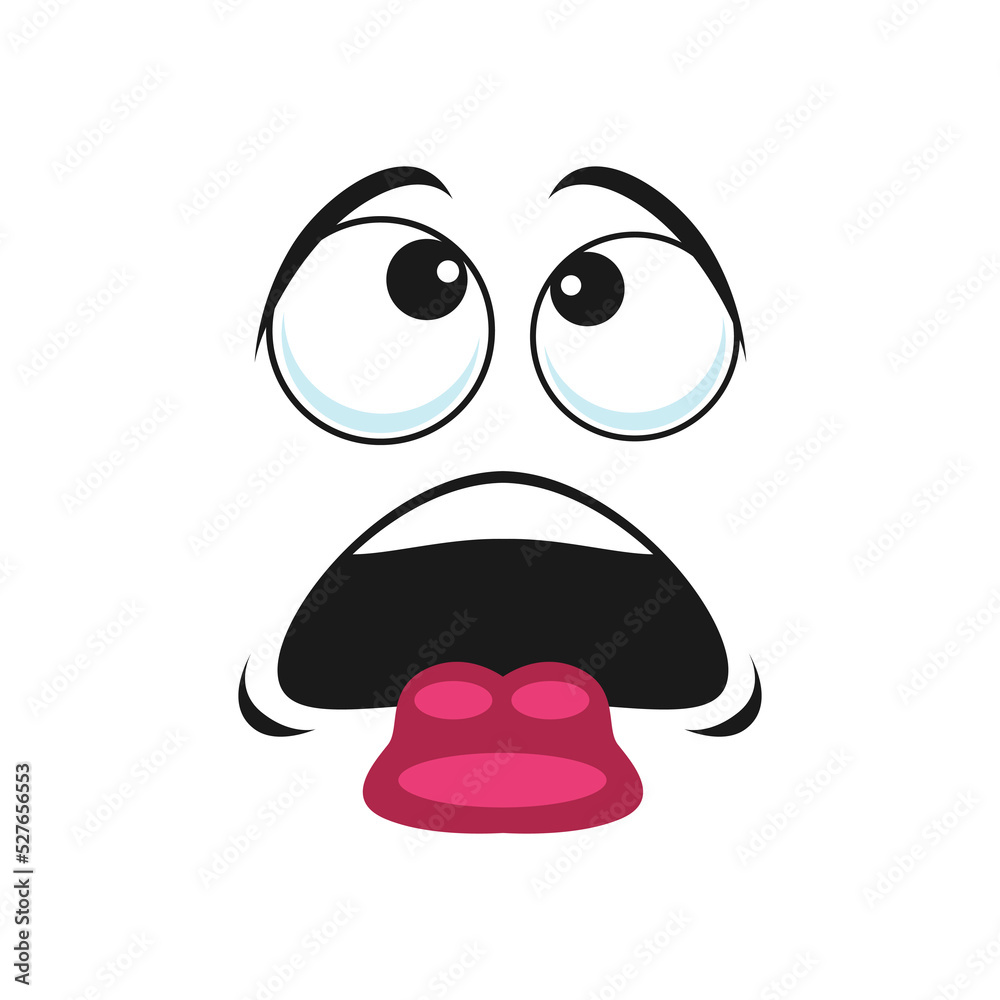 Cartoon exhausted face vector upset emoji with tongue hang down of open ...