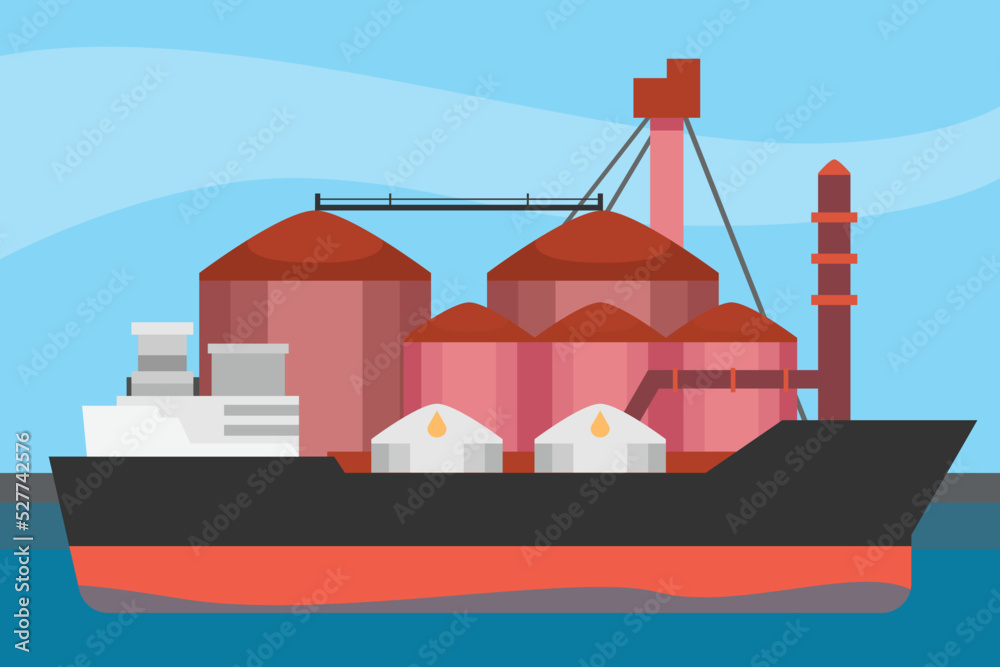 LNG carrier ship bunkering in LNG terminal 2d vector illustration ...