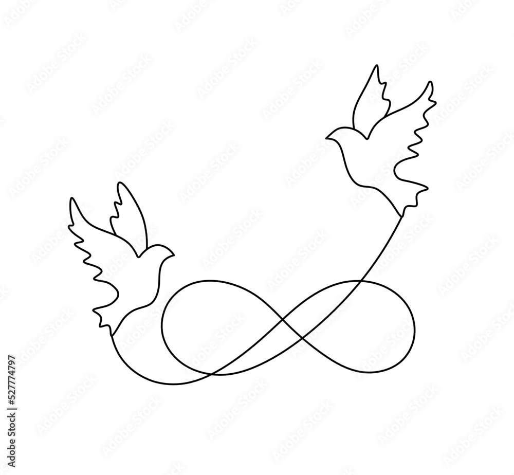Vector isolated infinity line symbol with two flying pigeons colorless ...