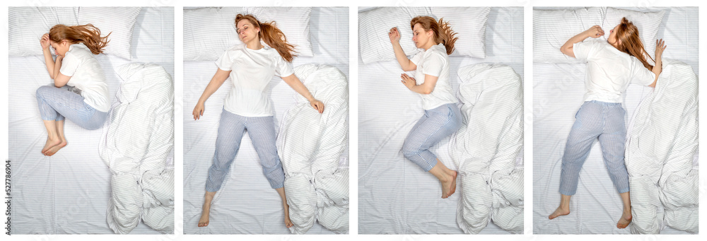 Various poses of a sleeping woman. Female side sleeper fetal position ...