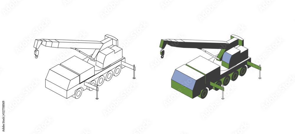 Vector color illustration. Isometric truck crane. Isolated mobile crane ...