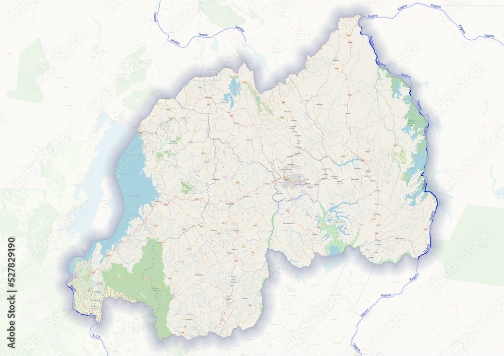 Rwanda physical map with important rivers the capital and big cities ...