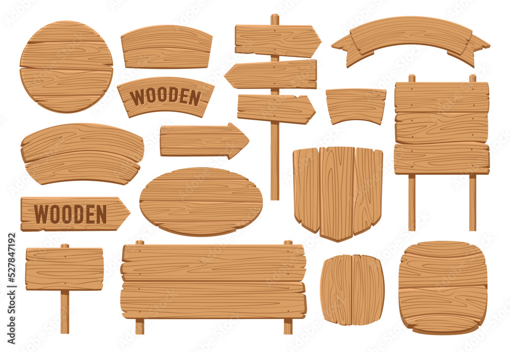 Set wooden banner, sign posts or boards design template. Signboard ...