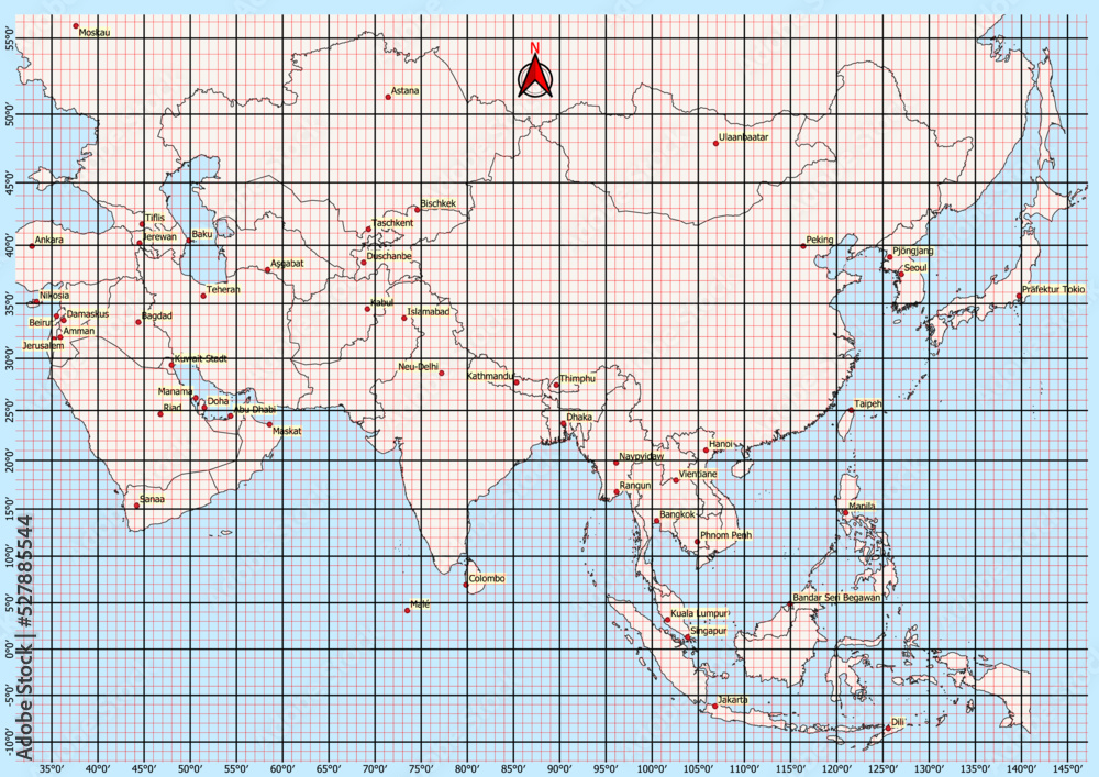 Asia Map Geographic Coordinates latitude and longitude German language ...
