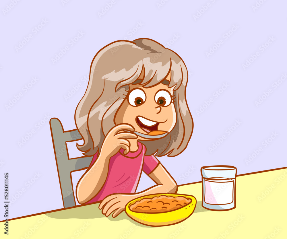 Stock-Vektorgrafik „Little girl with having healthy breakfast, daily ...