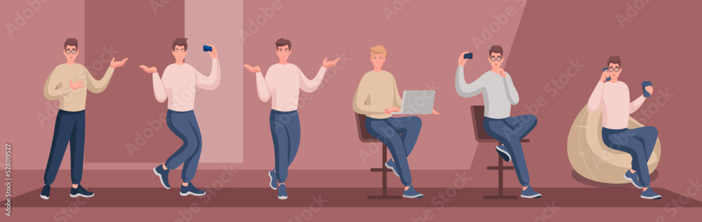 Set of men with different emotions and movements. Change body parts and ...