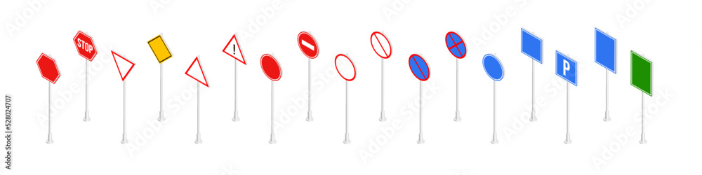 Isometric vector illustration of road signs isolated on white ...