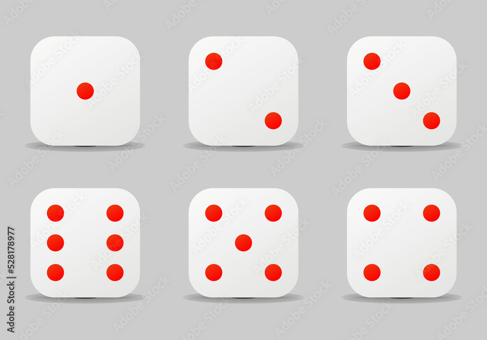 Dice sides or dice faces icon set in flat style design with shadow effect, isolated on grey ...