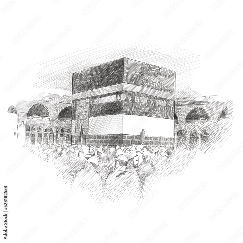 pencil drawing of muslims circumambulating the kaaba Stock Illustration ...