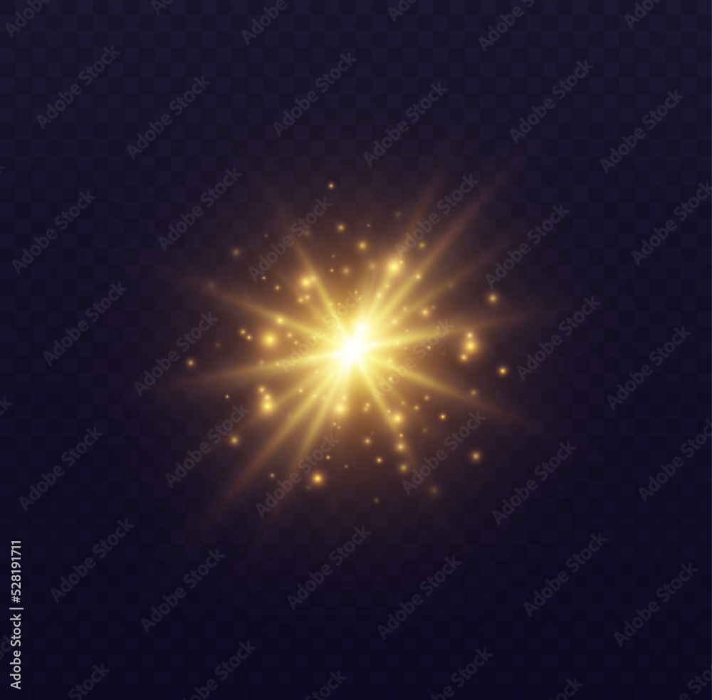 Star burst with sparkles, lens flare with particles, golden star explosion. Shining sun with ...