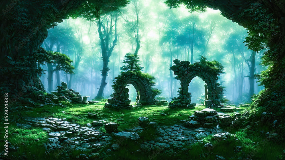 Fantasy forest landscape with stone ruins and bizarre vegetation at a ...