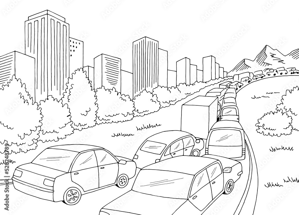 Traffic jam street road graphic black white city landscape sketch ...