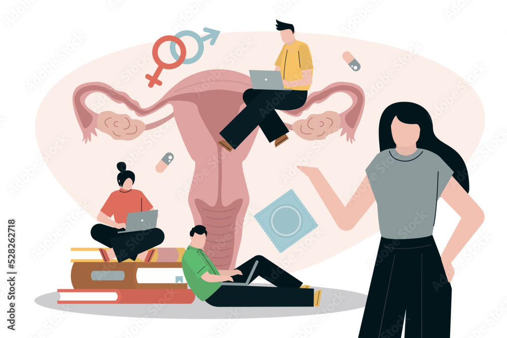 Sex education. Doctor showing structure of female reproductive system ...