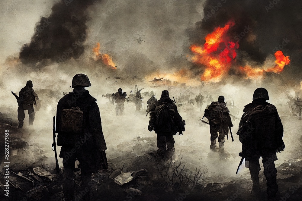 Soldiers on a battlefield. Military war with burning flames and ...