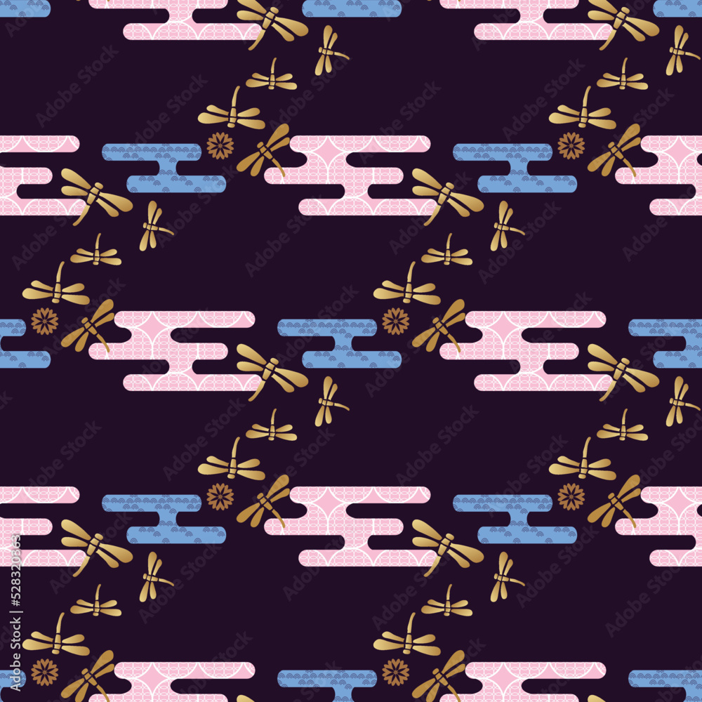 Vetor Beautiful japanese seamless pattern with clouds, waves, Daruma, plum, fan, sakura flower ...