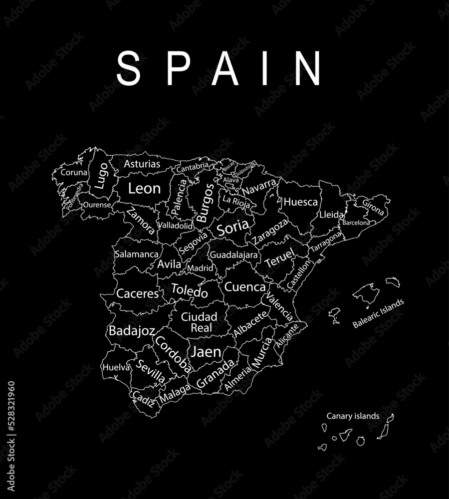 Spain map line contour vector silhouette illustration isolated on black ...