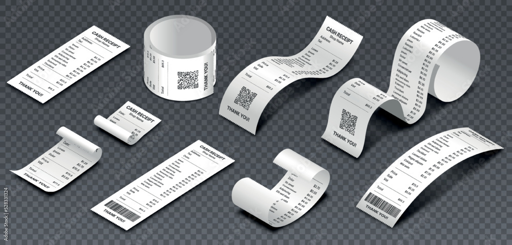 Isometric cash receipt. Collection of checks from terminal in store ...