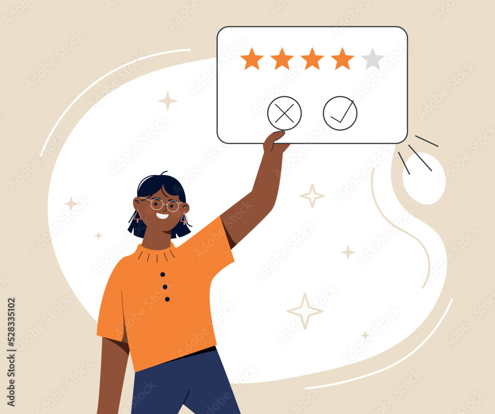 Image vectorielle Stock Concept of feedback. Woman evaluates product ...