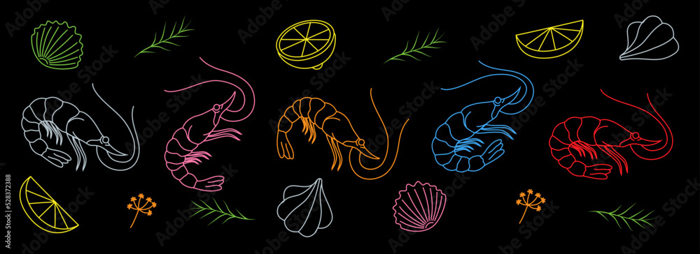 Shrimp horizontal outline banner. Seafood dish silhouette with herbs ...