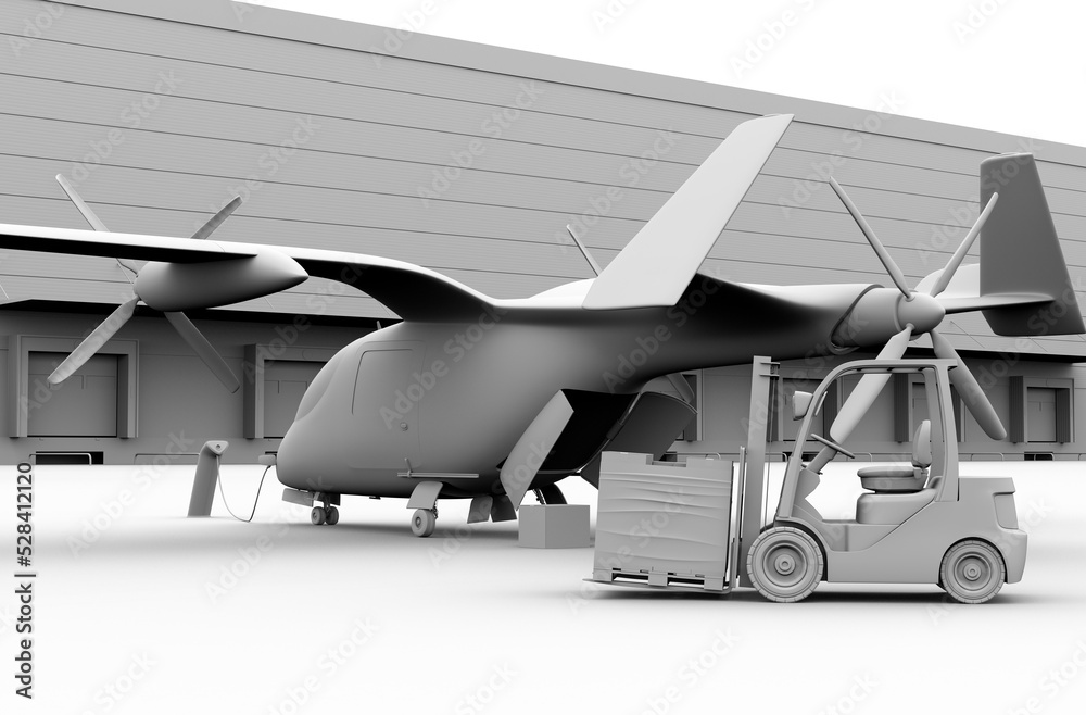 Clay rendering of Electric VTOL cargo delivery aircraft charging on the ...