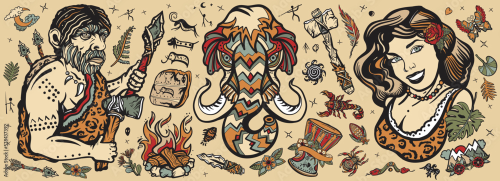Old school tattoo collection. Stone age. Cave man neanderthal, hunting ...