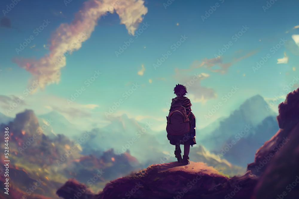 Adventurer walking on a mountain path. A warrior fantasy character with ...