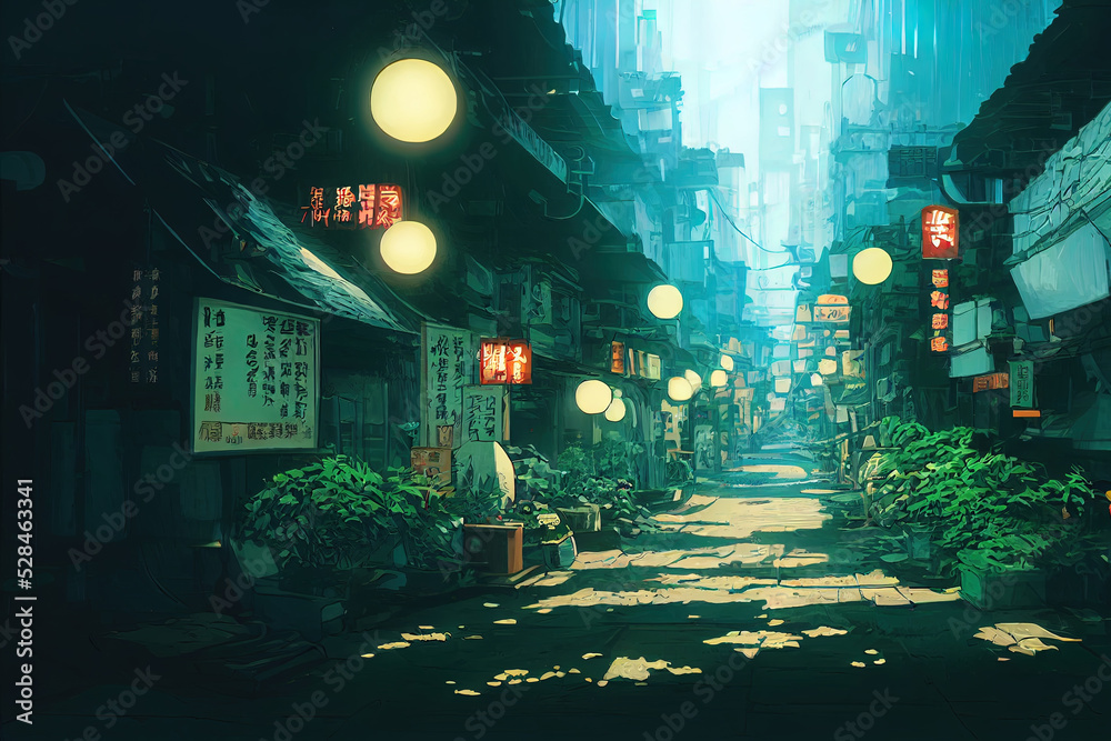 Beautiful calm relaxing japanese, asian streets. Digital painting ...