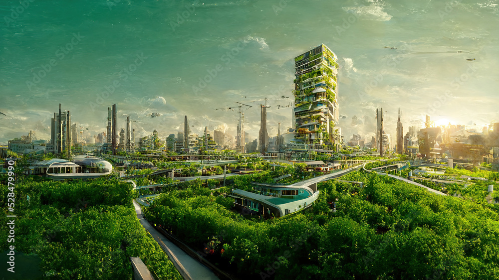 Spectacular eco-futuristic cityscape full with greenery, skyscrapers, parks, and other manmade ...