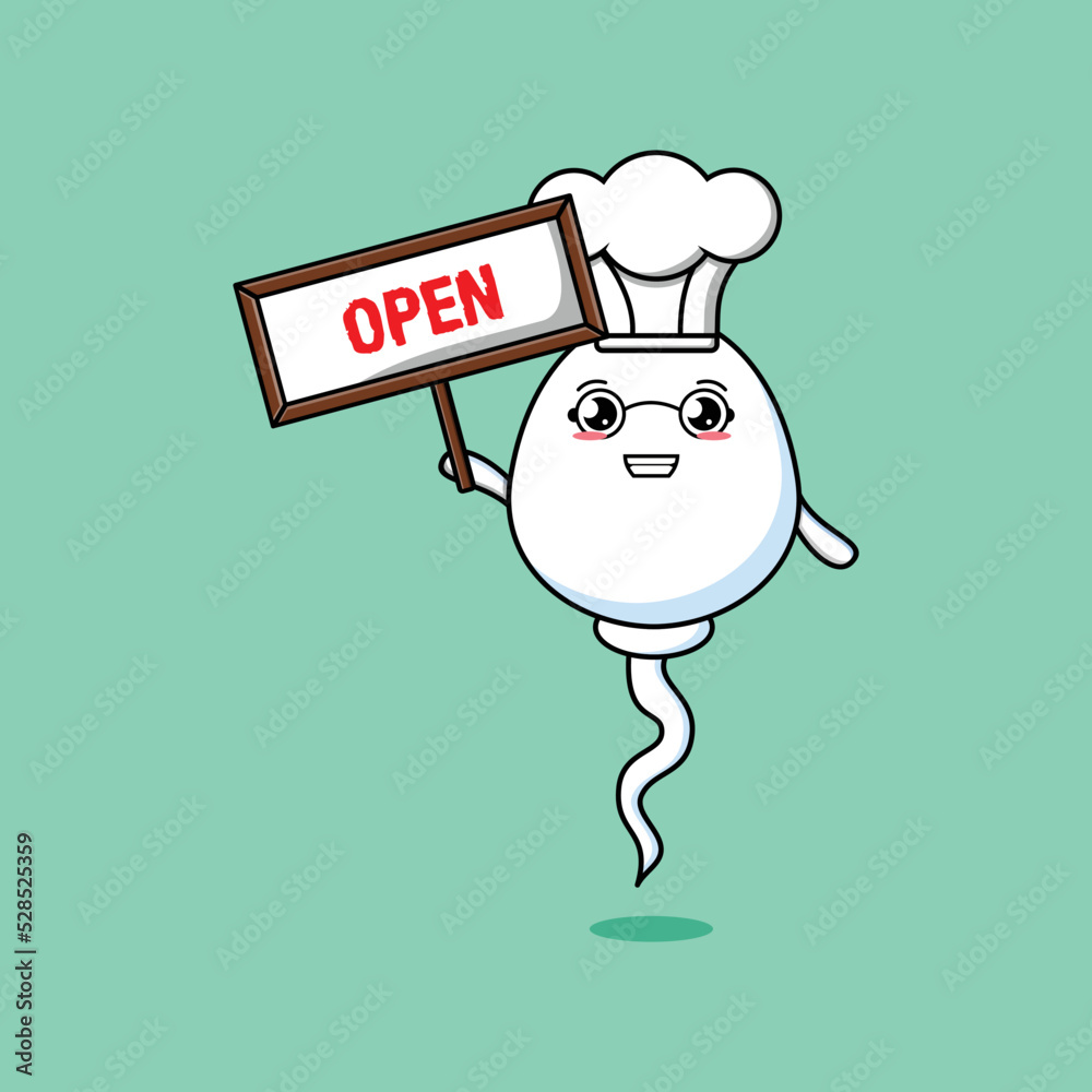 Cute cartoon sperm character holding open sign board designs in concept ...