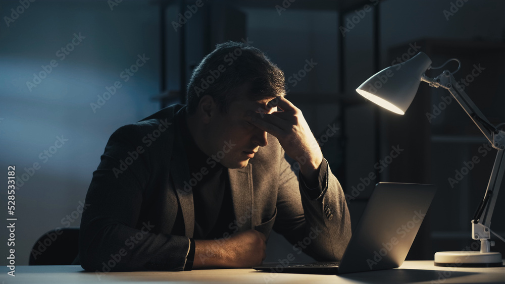 Tired man. Hard work. Remote job. Exhausted business guy suffering ...