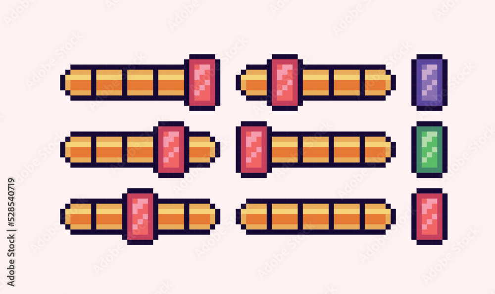 Game settings slider bar pixel art set. Switch panel and button ...