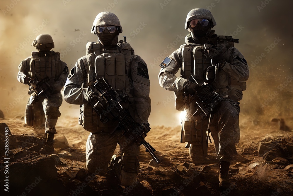futuristic elite serviceman against the background of the fighting ...