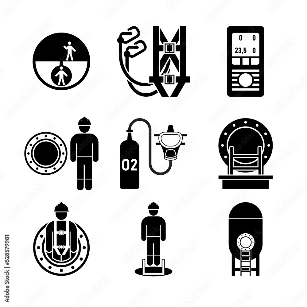 Set of confined space work icon for industrial, construction and ...
