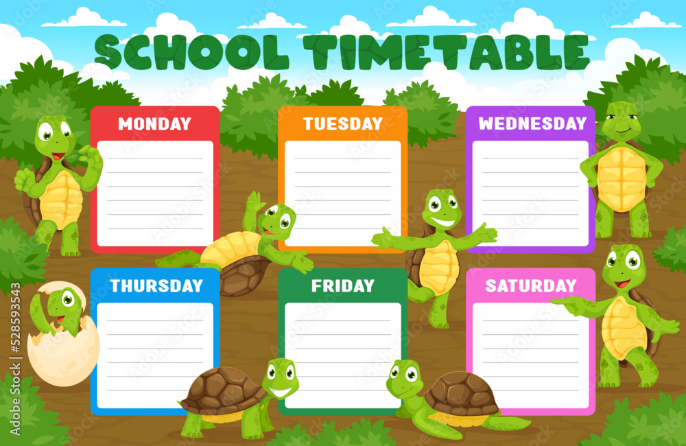 Education timetable schedule with cartoon turtles, cheerful tortoise ...