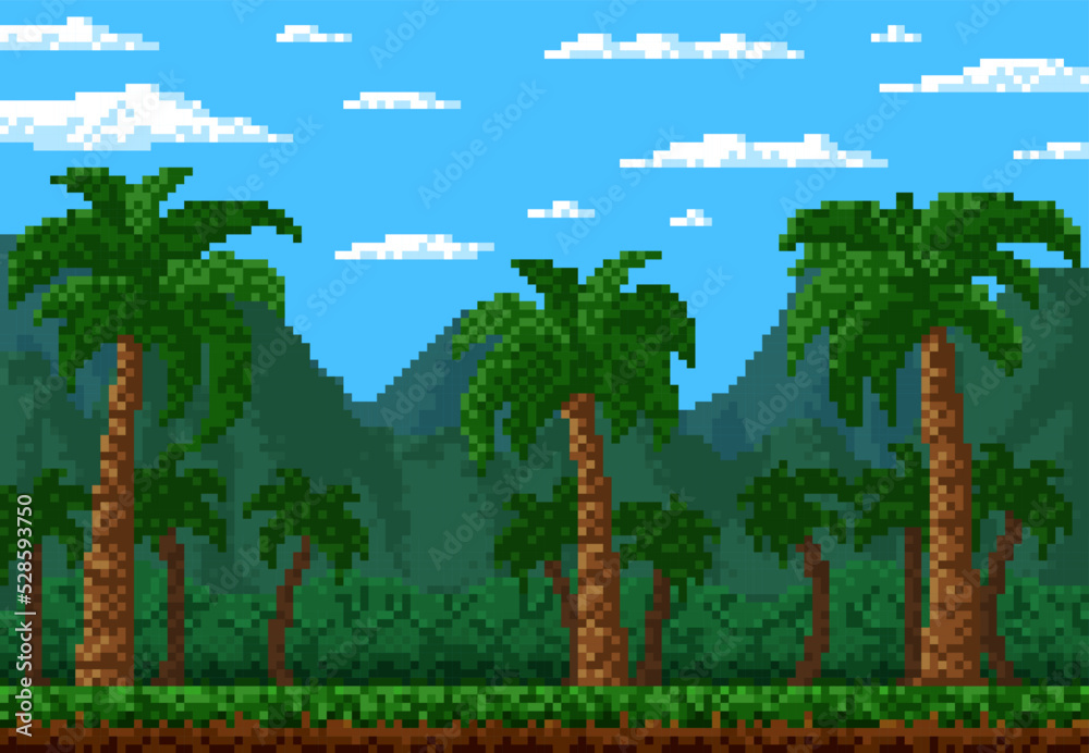 Jungle forest 8 bit pixel game level landscape with palms, vector ...