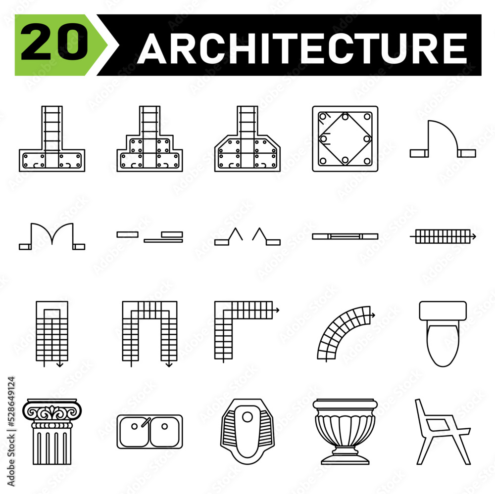 Architecture symbol icon set include pad, footing, structure, stepped ...