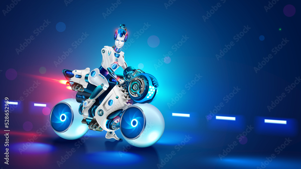 Woman cyborg biker on futuristic bike. Beautiful girl robot on ...