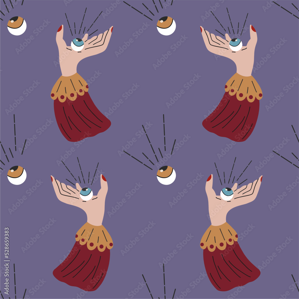 Vintage hand with all seeing eye, seamless pattern, print. Hand drawn ...