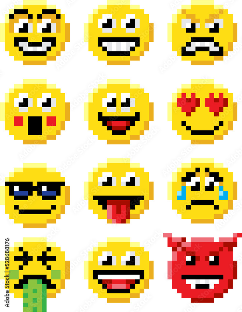 Pixel art set of emoji or emoticon face icons in a retro 8 bit video ...