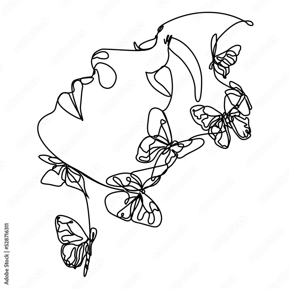 Line Drawing. Abstract face with flowers and butterfly by one line ...