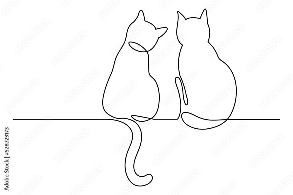Two cats vector with continuous single one line art drawing. New ...