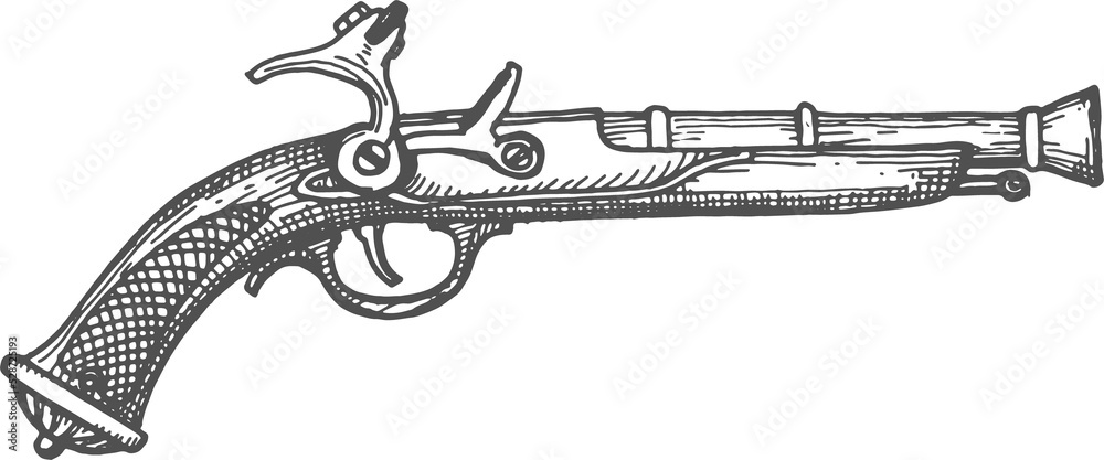 Pirate musket gun rifle, retro revolver isolated Stock Illustration ...