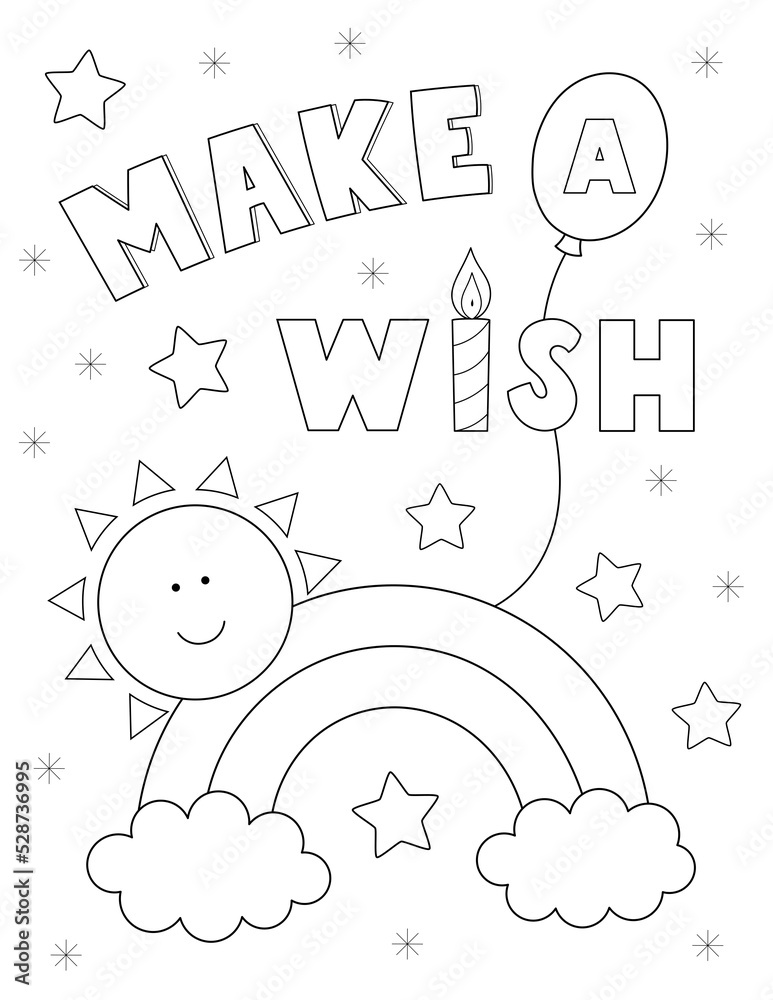 make a wish coloring page. cute black and white design for birthday ...