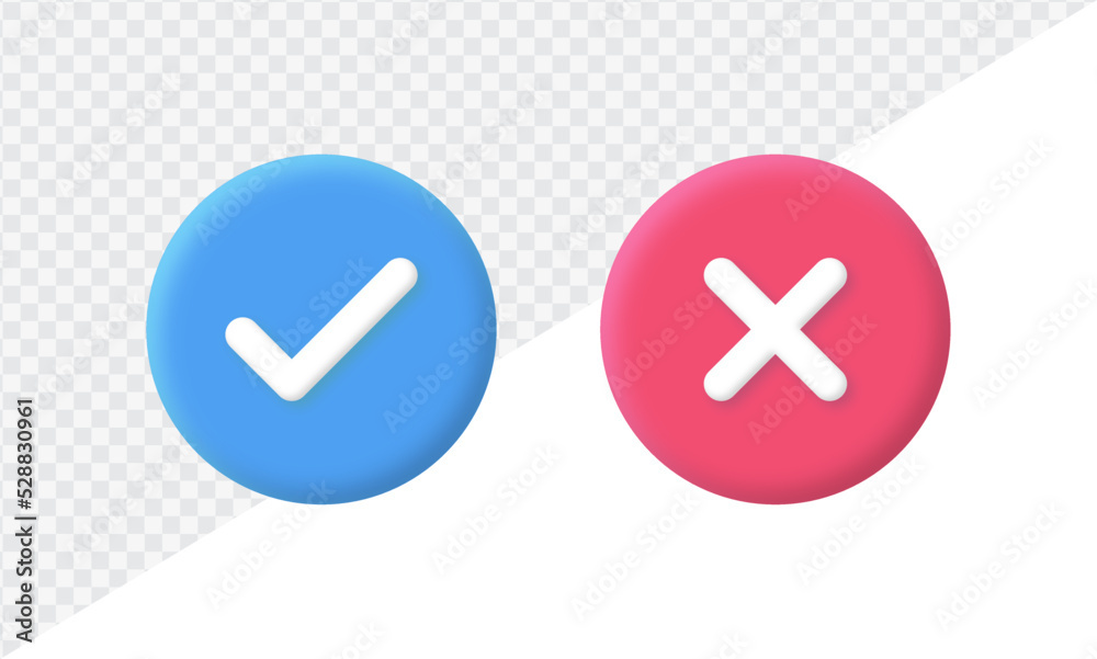 3d check mark icon button, blue tick and red cross signs symbols. check box frame - yes or no 3d ...